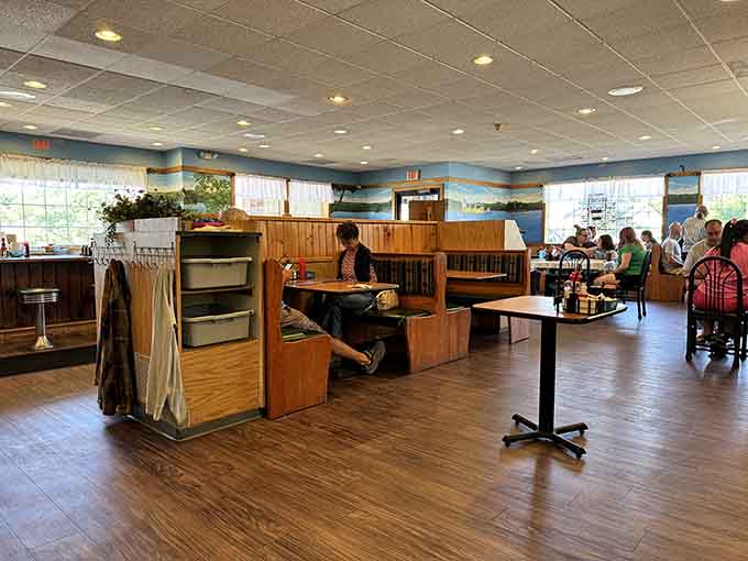 Classic booth seating and nautical murals create the perfect backdrop for serious breakfast consumption.