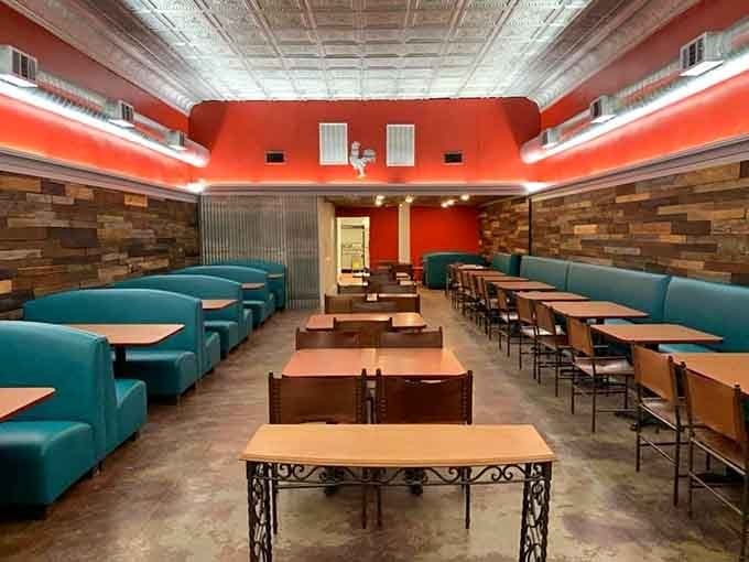 Those turquoise booths and orange walls create a color scheme bolder than your favorite Hawaiian shirt from 1987.