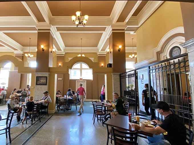 High ceilings, warm lighting, and that actual vault make breakfast feel like a special occasion every time.