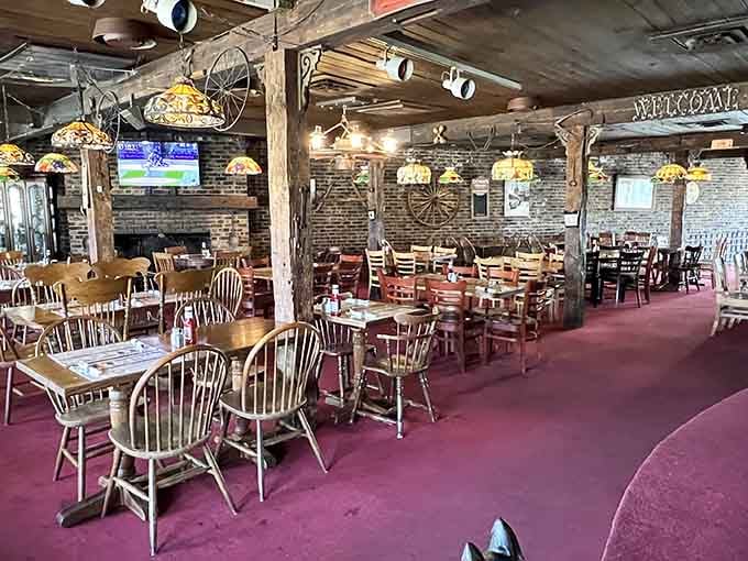 Exposed beams, wagon wheels, and Tiffany-style lamps create an atmosphere money can't buy, only time can build authentically.