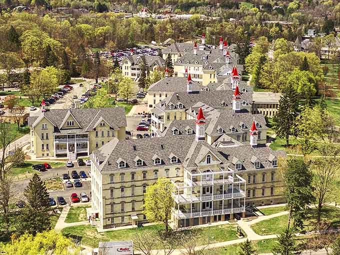 From above, this Victorian complex looks like someone dropped a charming European village right into northern Michigan's backyard.