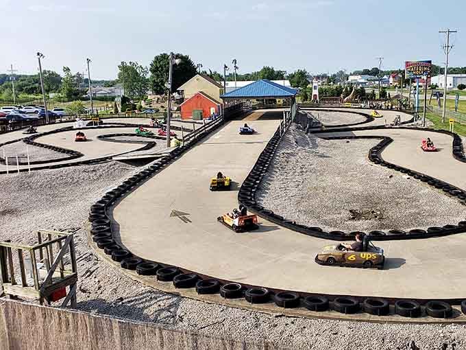 Racing around curves at thrilling speeds, proving you're never too old for go-kart glory.
