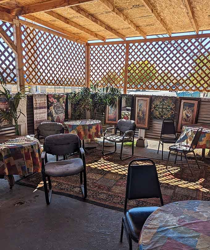 Sunlight filters through lattice like nature's own mood lighting, creating the perfect backdrop for serious eating.