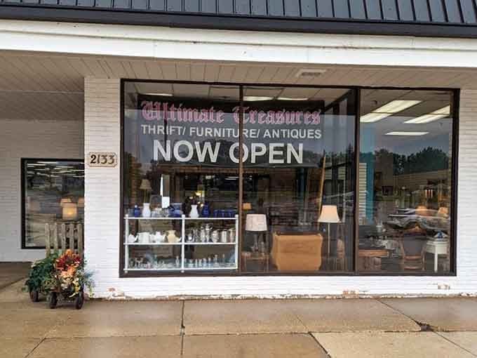The storefront promises exactly what's inside: thrift, furniture, antiques, and adventures waiting to unfold.