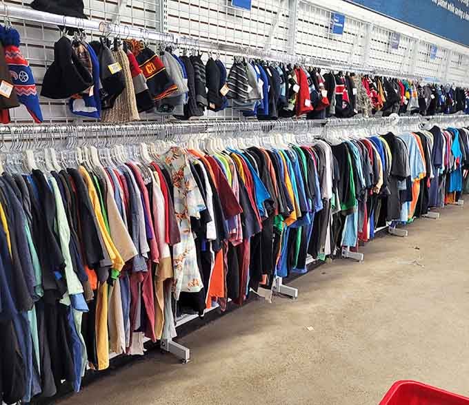 Rainbow racks of clothing create a textile wonderland where your next favorite shirt is hiding somewhere in plain sight.