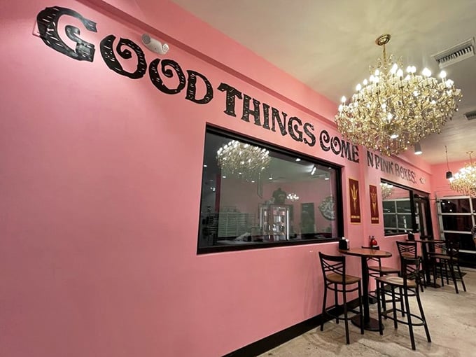 Those chandeliers hanging above prove that doughnuts deserve the same fancy treatment as a five-star dining experience.