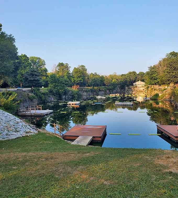 Floating platforms turn this quarry into an aquatic playground that puts hotel pools to shame.