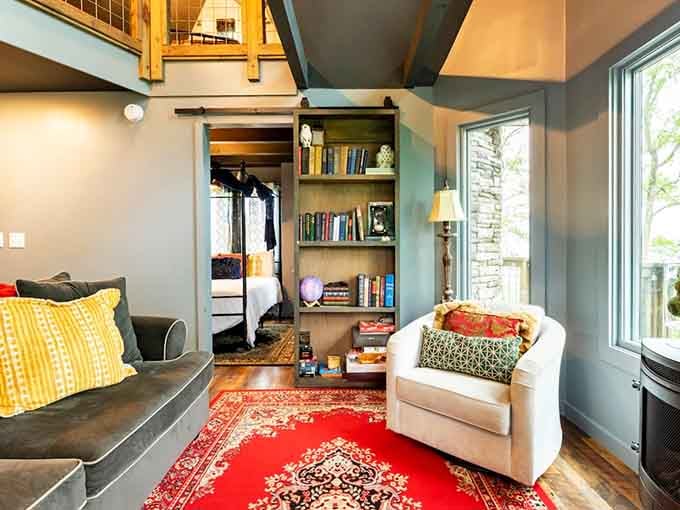 The secret bookcase door leads to adventure, proving that childhood fantasies can absolutely become adult realities.