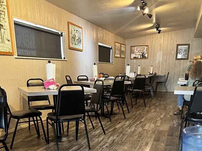 Simple tables and chairs mean business here, no distractions from what really matters on your plate.