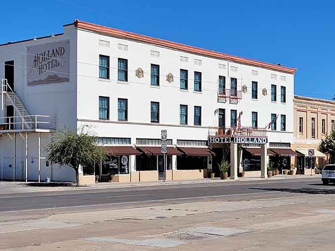 The Hotel Holland's white facade gleams under that big West Texas sky like a beacon of hospitality.