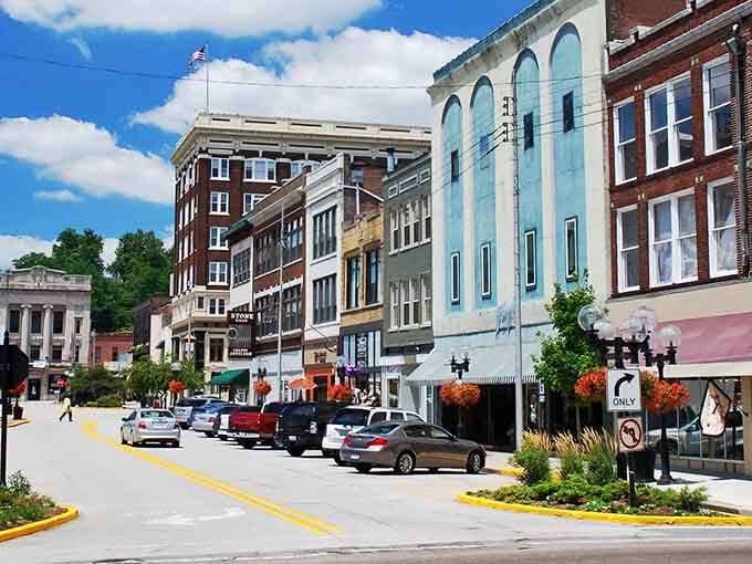 Alton's historic buildings rise like a colorful layer cake against that perfect blue summer sky overhead.