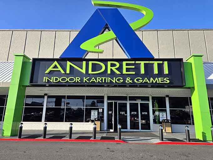 That bold green and blue entrance promises the kind of indoor excitement that doesn't depend on weather.