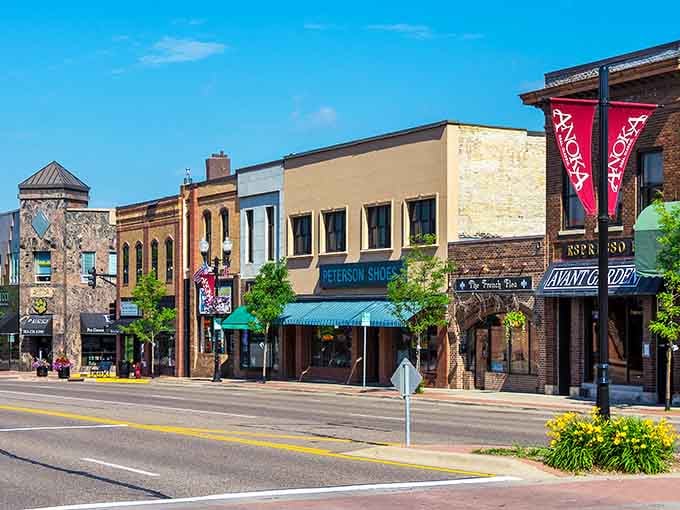 Colorful awnings and vibrant banners transform this downtown into a welcoming celebration of small-town spirit and determination.