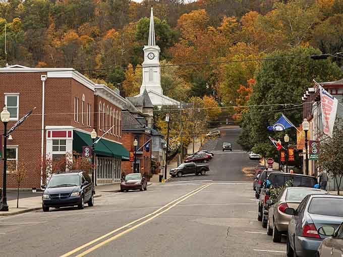 Fall colors frame this hillside town perfectly, painting every street corner with autumn's golden brush.