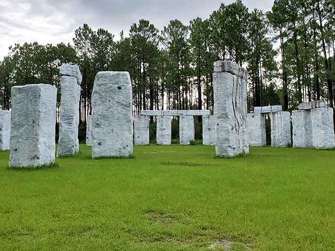 Ancient mystery meets Southern charm in this full-scale replica standing proud against lush green grass and pine trees.
