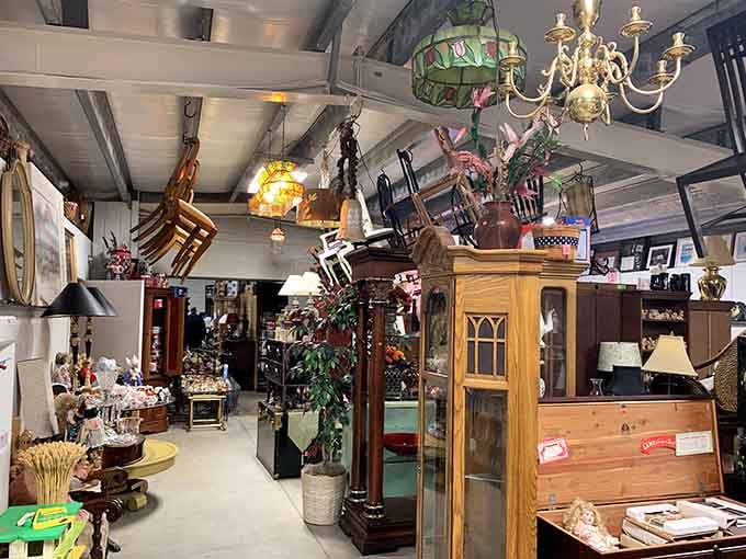 Chandeliers dangling overhead create a sparkling canopy above this indoor treasure hunter's paradise below.
