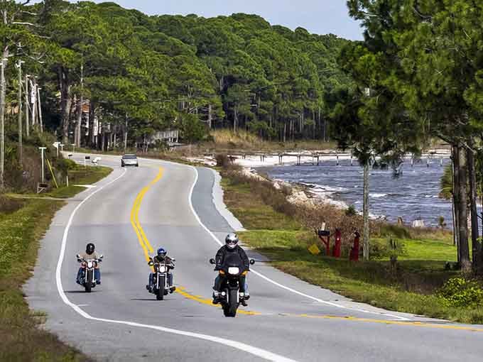 Three motorcycles cruising along the waterfront &ndash; now that's the kind of retirement plan we can all support.