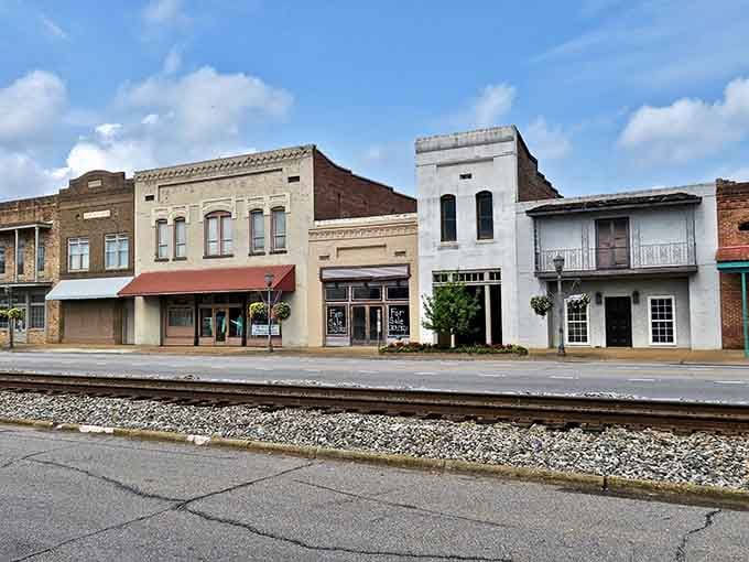 Railroad tracks run alongside historic buildings where local shops have served generations of neighbors and friends.