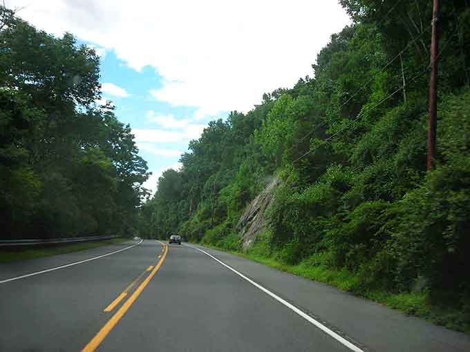 The open road stretches ahead through towering rock cuts, nature's own highway carved through ancient stone formations.