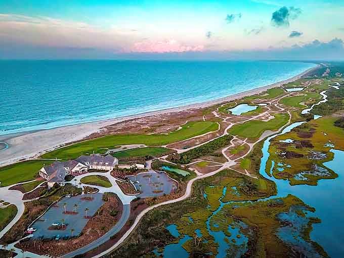 Winding waterways create natural artwork through the marshes, proving Mother Nature's the real landscape architect here.