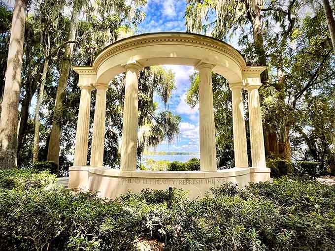 Classical columns rise through Spanish moss creating a scene straight from a Southern romance novel.