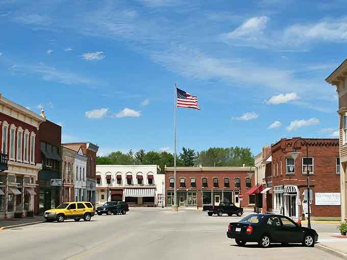 That American flag flying high says everything about small-town pride and community spirit in one frame.