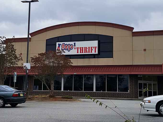 The curved roofline and spacious storefront hint at the mega-sized bargains waiting just beyond those doors.