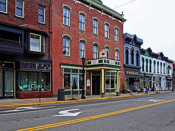 Historic brick buildings line up like they're posing for their best side in a family photo.
