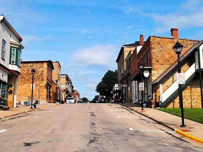 Mineral Point's stone buildings glow golden in the afternoon light, looking like they've been here since dinosaurs roamed Wisconsin.