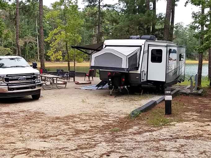 Tucked between tall pines and a glimmering lake, this Modoc campsite looks like it was designed by someone who really loves you.