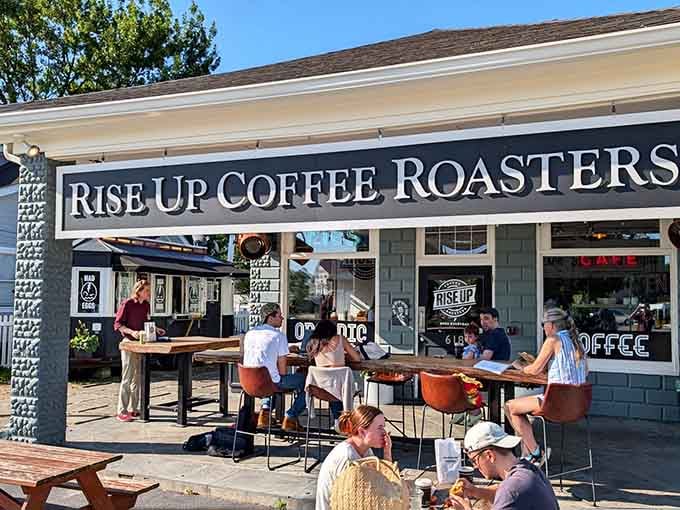 When the whole neighborhood gathers at outdoor tables, you know the coffee's worth the trip.