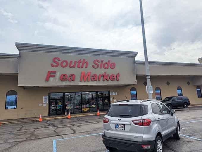 That bold red signage promises climate-controlled treasure hunting where rain and snow can't dampen your bargain-seeking spirit.