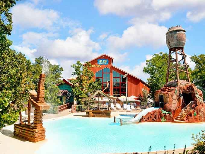 That rustic red barn and vintage water tower create a surprisingly charming backdrop for all this aquatic excitement.