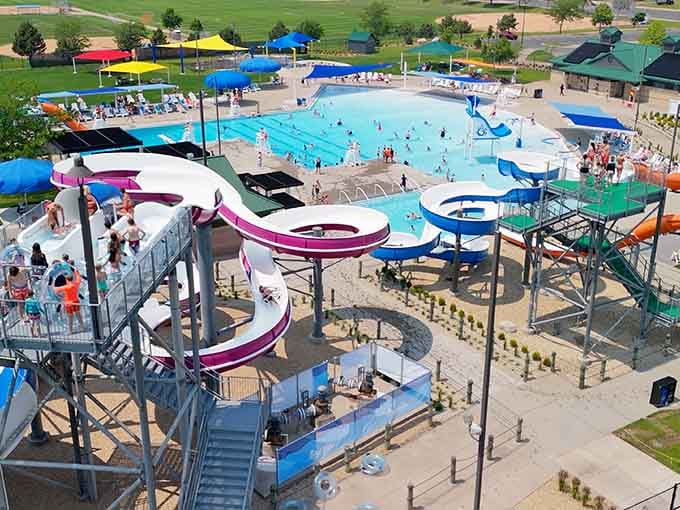 From up high, Splash Valley's swooping purple slides look like modern art that somebody made wonderfully, gloriously wet.
