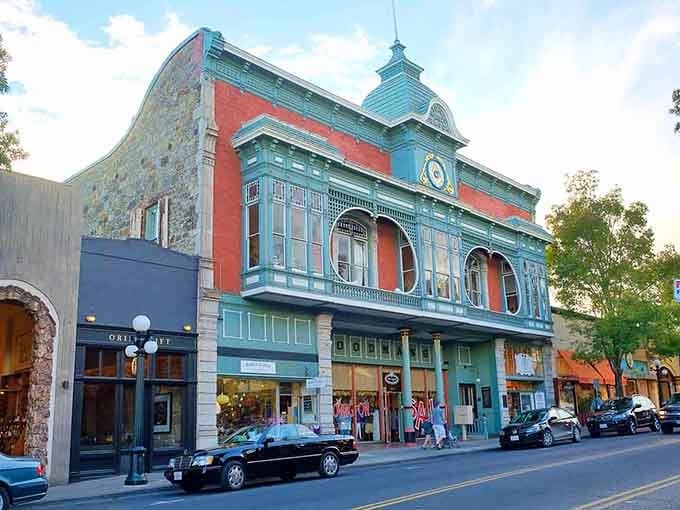 That colorful Victorian building looks like someone dipped it in sherbet&mdash;wine country architecture at its most delightful.