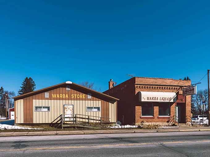 Two humble storefronts standing shoulder to shoulder — Warba's main street is refreshingly, wonderfully no-nonsense.