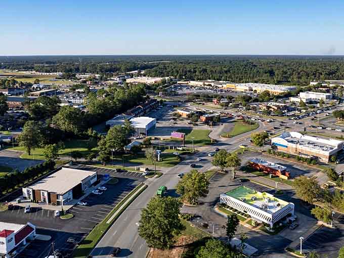Tree-lined roads and open spaces show a city that values breathing room and reasonable housing prices.