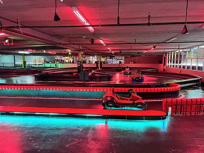 Neon lights transform this multi-level track into something between a nightclub and a racing dream.
