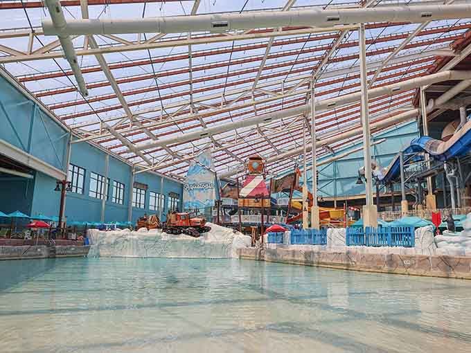 Sunlight streams through the retractable roof, illuminating this aquatic playground like a cathedral of fun.