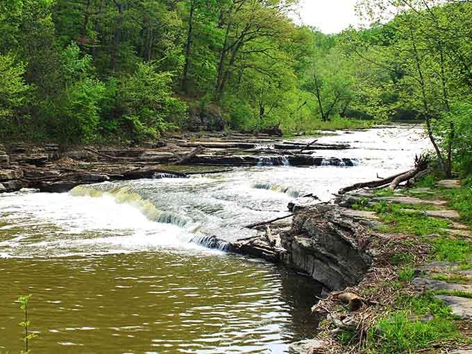 The Upper Falls rushes over ancient rock formations, carving nature's staircase through layers of geological history.