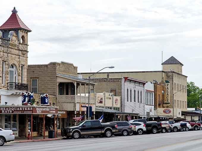 Stone towers and vintage architecture create a Main Street that looks like it stepped from a postcard.