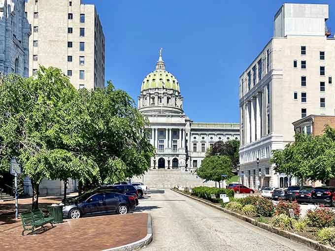 Tree-lined streets frame the State Capitol perfectly, creating a postcard view that makes you proud to call Pennsylvania home.