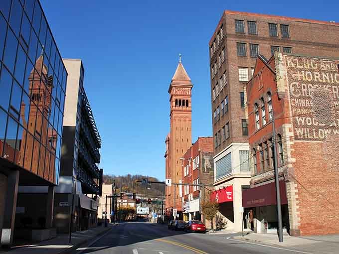 Downtown Johnstown's historic tower rises above the revitalized streets, where modern buildings blend perfectly with classic Pennsylvania architecture and charm.