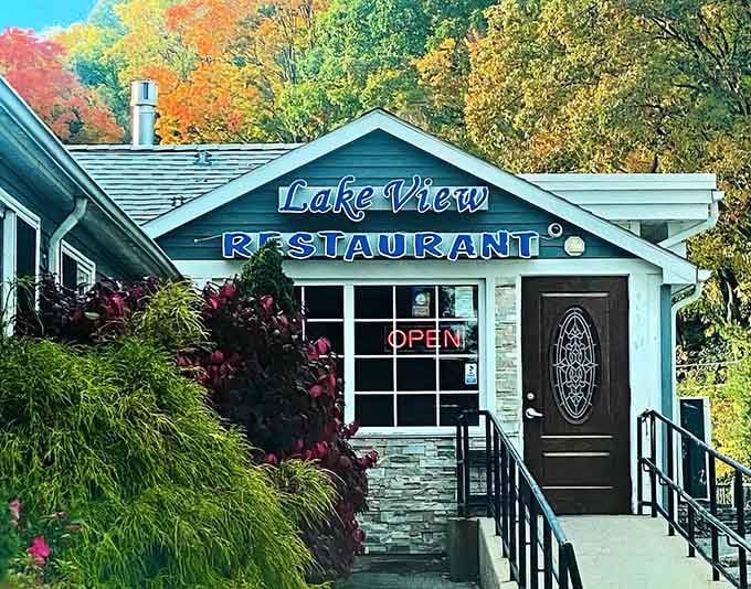 Fall foliage frames this lakeside gem where the views compete with the menu for your attention.