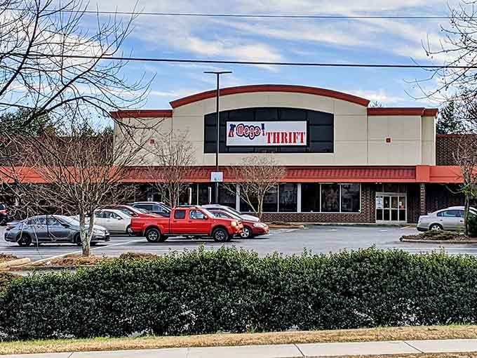 Landscaped greenery frames this thrift wonderland where yesterday's treasures become today's perfect finds for savvy shoppers.
