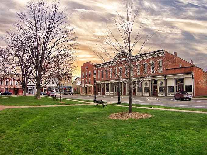 That sunset paints the brick buildings in golden light, making everyday architecture look absolutely magical and timeless.