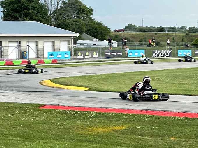 Real racing happens here where colorful barriers frame the straightaway and every lap counts toward bragging rights.