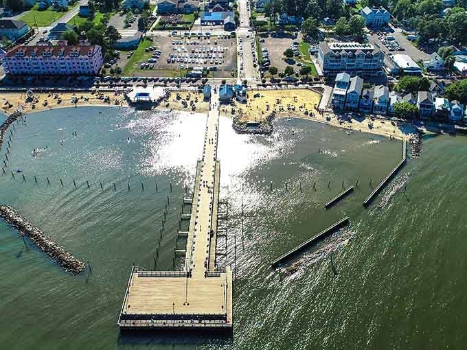 The pier stretches into sparkling water like a wooden welcome mat inviting you to stay awhile and breathe deep.