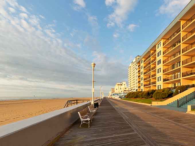 Golden hour hits this boardwalk just right, making every evening stroll feel like a scene from a classic movie.