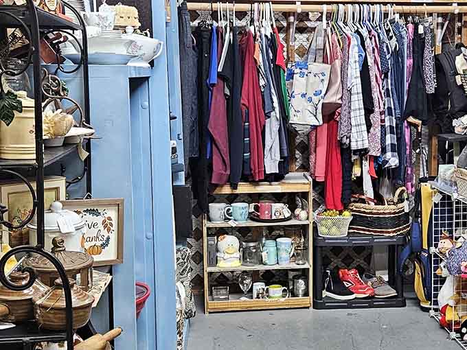 Inside, racks overflow with clothing and shelves burst with vintage finds—it's like grandma's attic went professional.